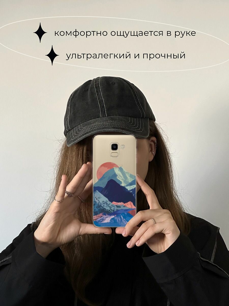 Чехол на Samsung Galaxy J6 2018 / Самсунг Галакси Джей 6 2018 с принтом "Закат в снежных горах", прозрачный — фото 1