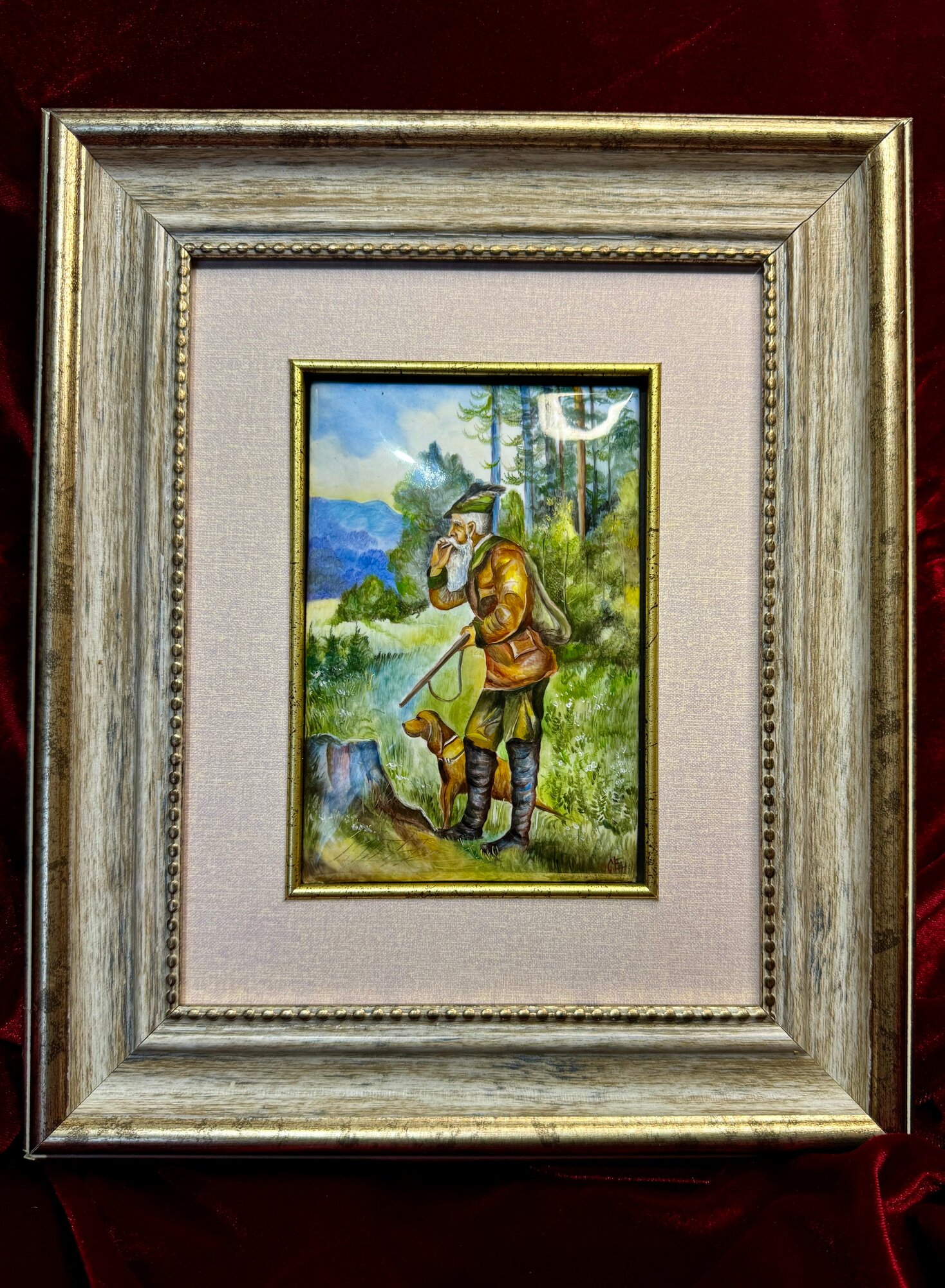 Панно картина финифть ручная роспись по эмали - "Охотник с собакой" - 28х23 см ручная работа. Товар уцененный