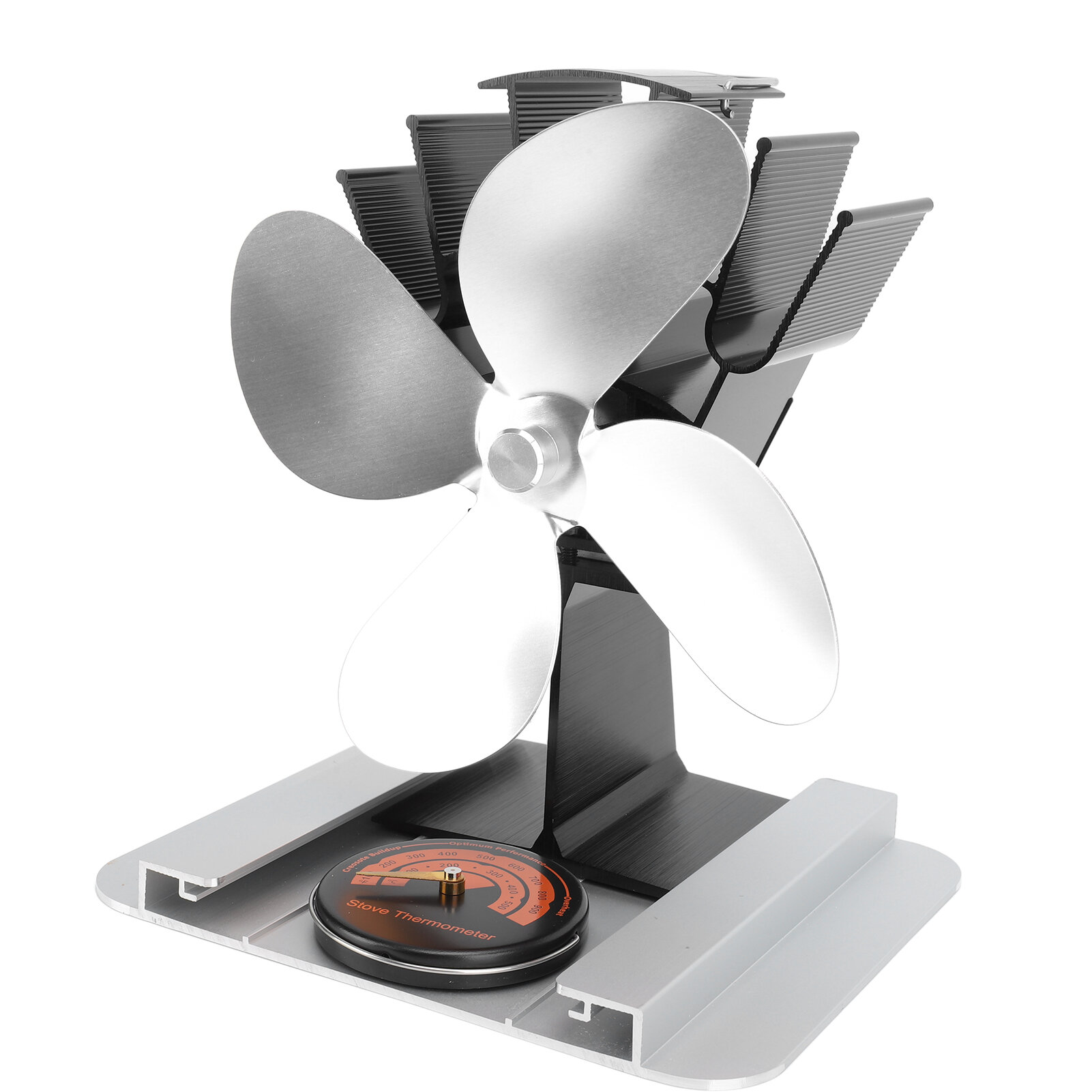 4-лопастной тепловой вентилятор для печи с теплозащитным термометром из алюминиевого сплава, бесшумный тепловой каминный вентилятор для дровяной печи, серебро