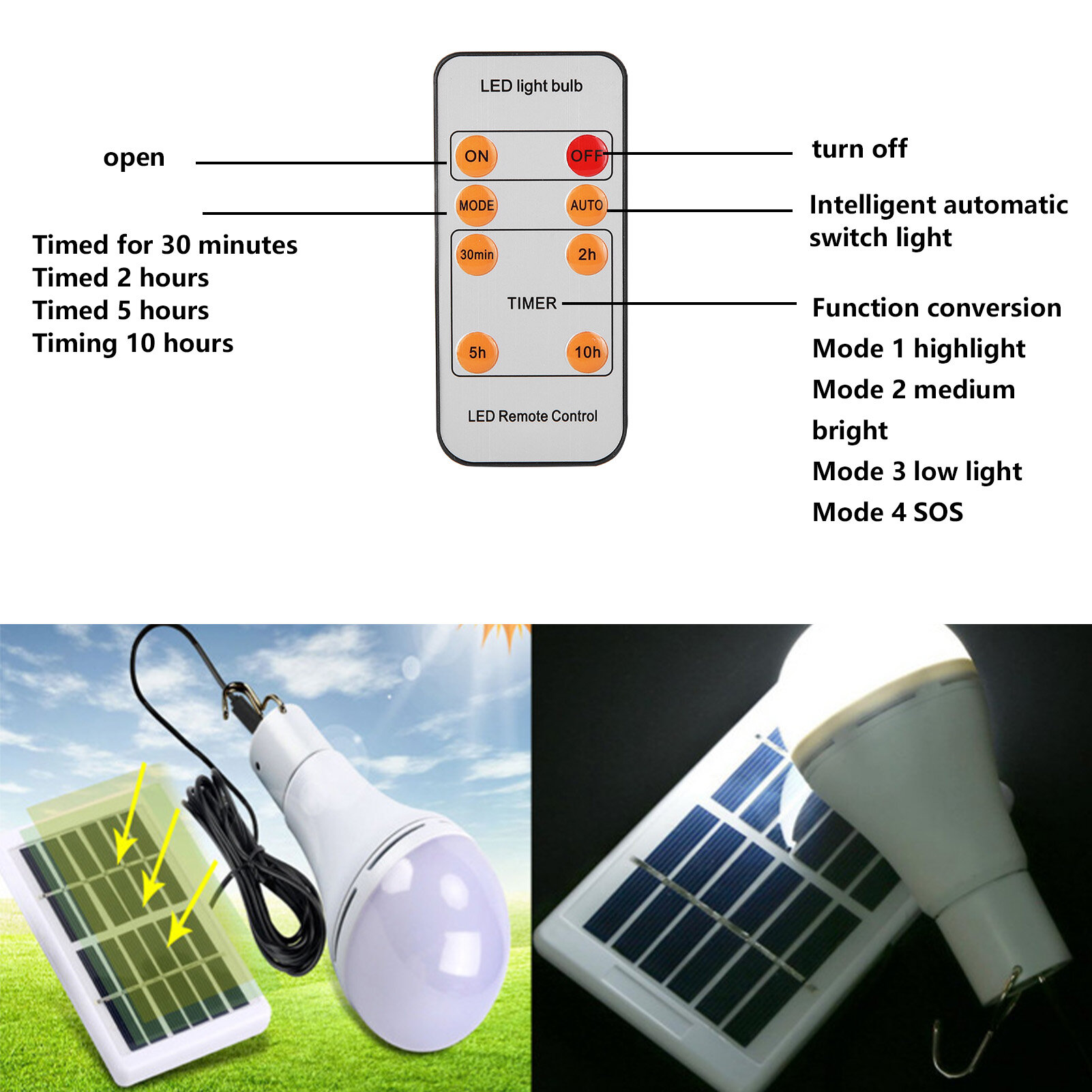 9 Вт светодиодная солнечная лампа LightSensitive 5Gear Положительный белый свет Аварийное освещение Умная лампочка для наружного кемпинга