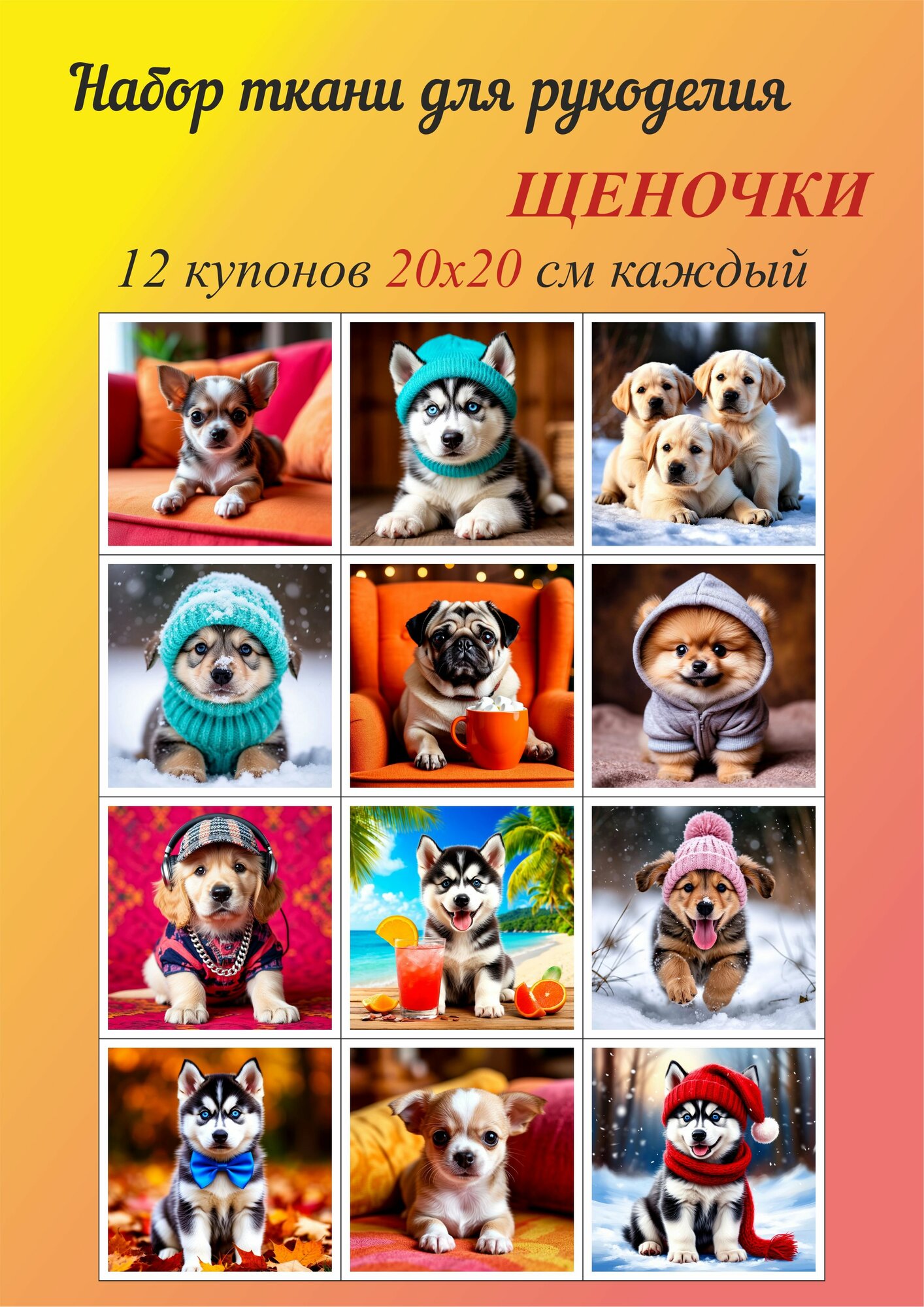 Купон ткань с принтами для пэчворка и шитья Щеночки 12шт
