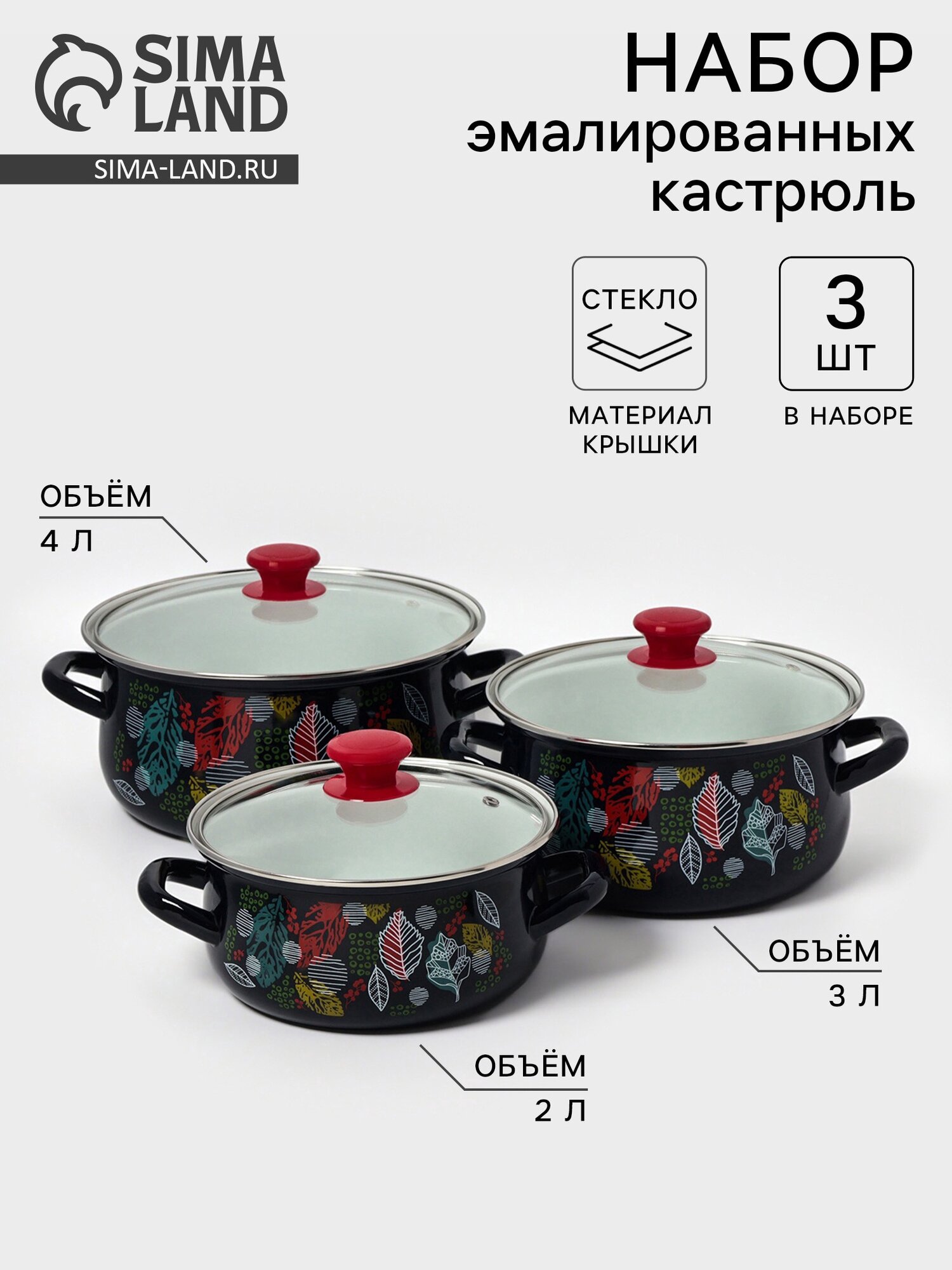 Набор кастрюль эмалированных «Лесная ягода-1-Экстра», 3 предмета: 2 л, 3 л, 4 л, чёрный