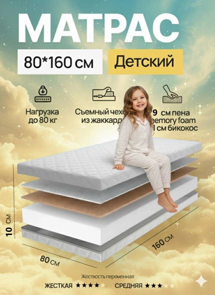 Матрас детский двухсторонний 160х80, ППУ+кокос, съемный чехол