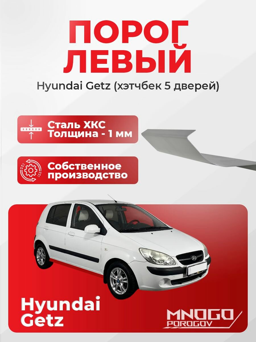 Левый порог на Hyundai Getz 2002-2011 хетчбэк 5 дверей, холоднокатаная сталь, толщина 1 мм (Гетц 1), левая сторона, кузовной ремонт.