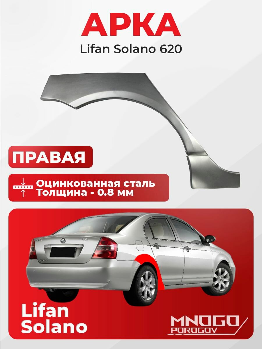 Задняя правая арка на Lifan Solano 1 (620) седан 4 двери 2008-2014оцинкованная сталь, толщина 0,8 мм (Лифан Солано 1 ), . кузовной ремонт.