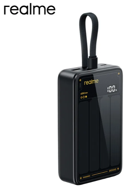 Портативный аккумулятор REALME Power Bank 45w, 20000mAh, цифровой дисплей, встроенный кабель, чёрный