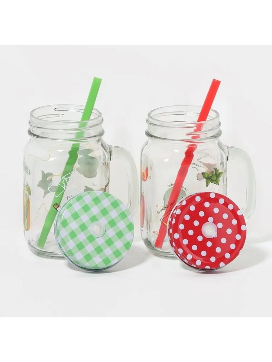 Стеклянный набор для напитков с крышками и трубочками