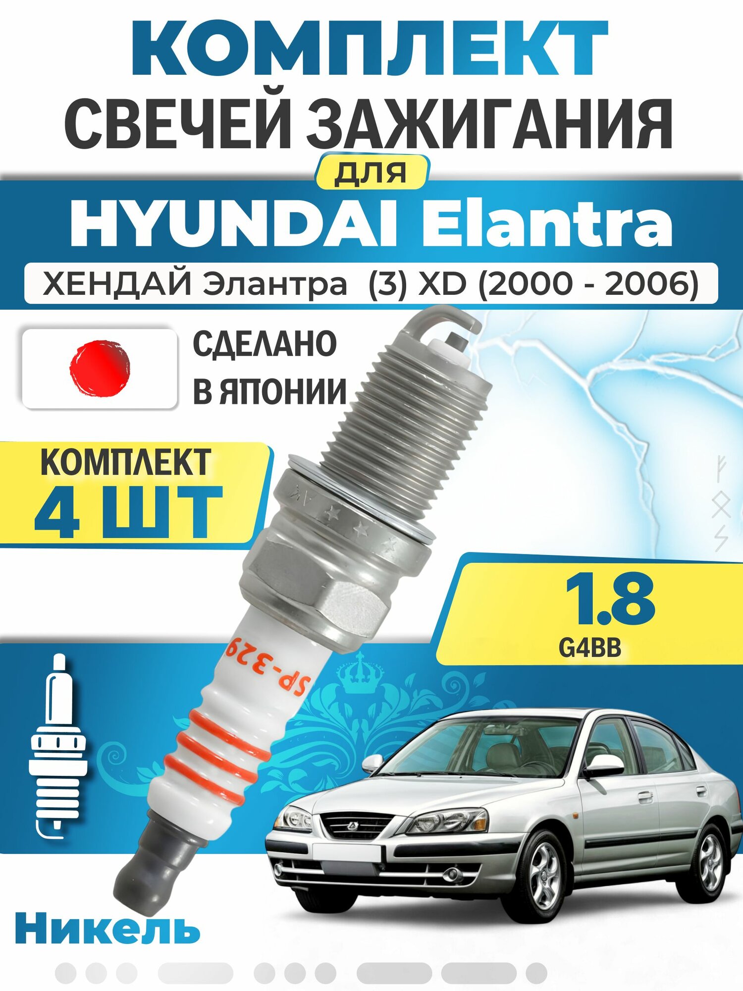 Свечи зажигания для Hyundai Elantra (3) XD 1,8, комплект 4 шт / 2000 2001 2002 2003 2004 2005 2006 / Двигатель G4BB 1,8 л