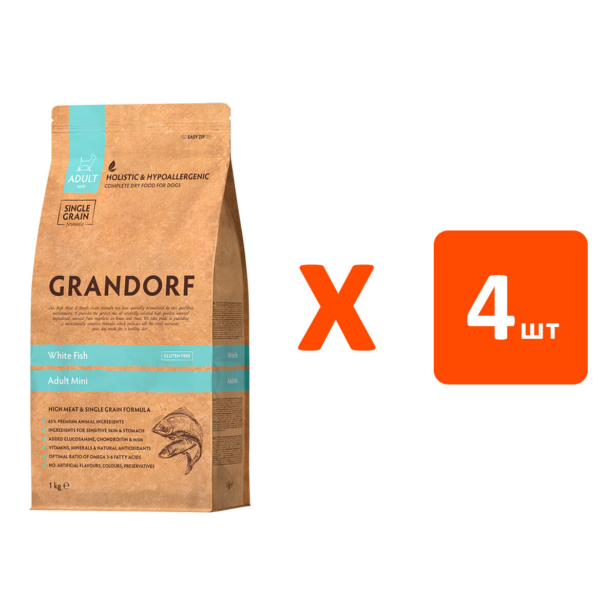 Корм сухой Grandorf Single Grain Dog Adult Mini White Fish низкозерновой для взрослых собак маленьких пород с белой рыбой, 1 кг х 4 шт