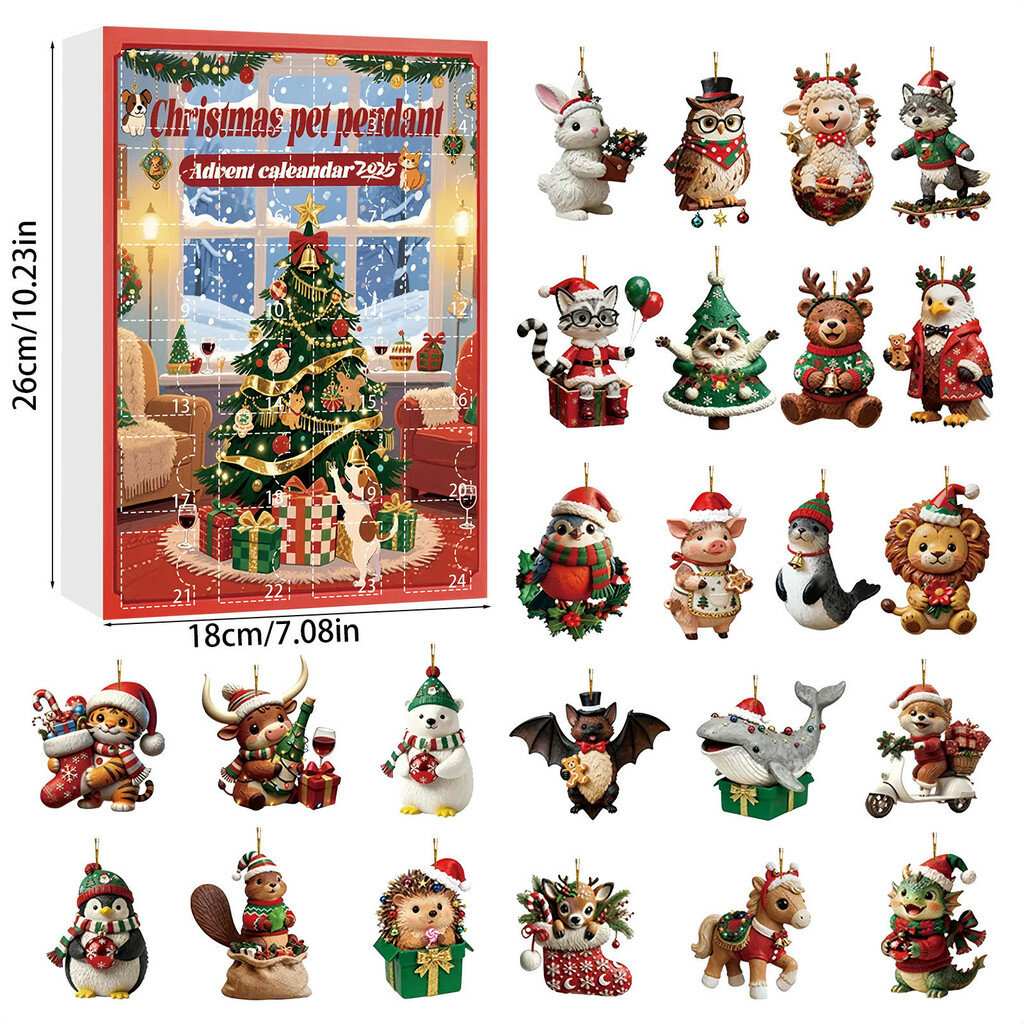 Christmas pug cat horse corgi series acrylic advent calendar with 24 pets for holiday decor and gift animal hat