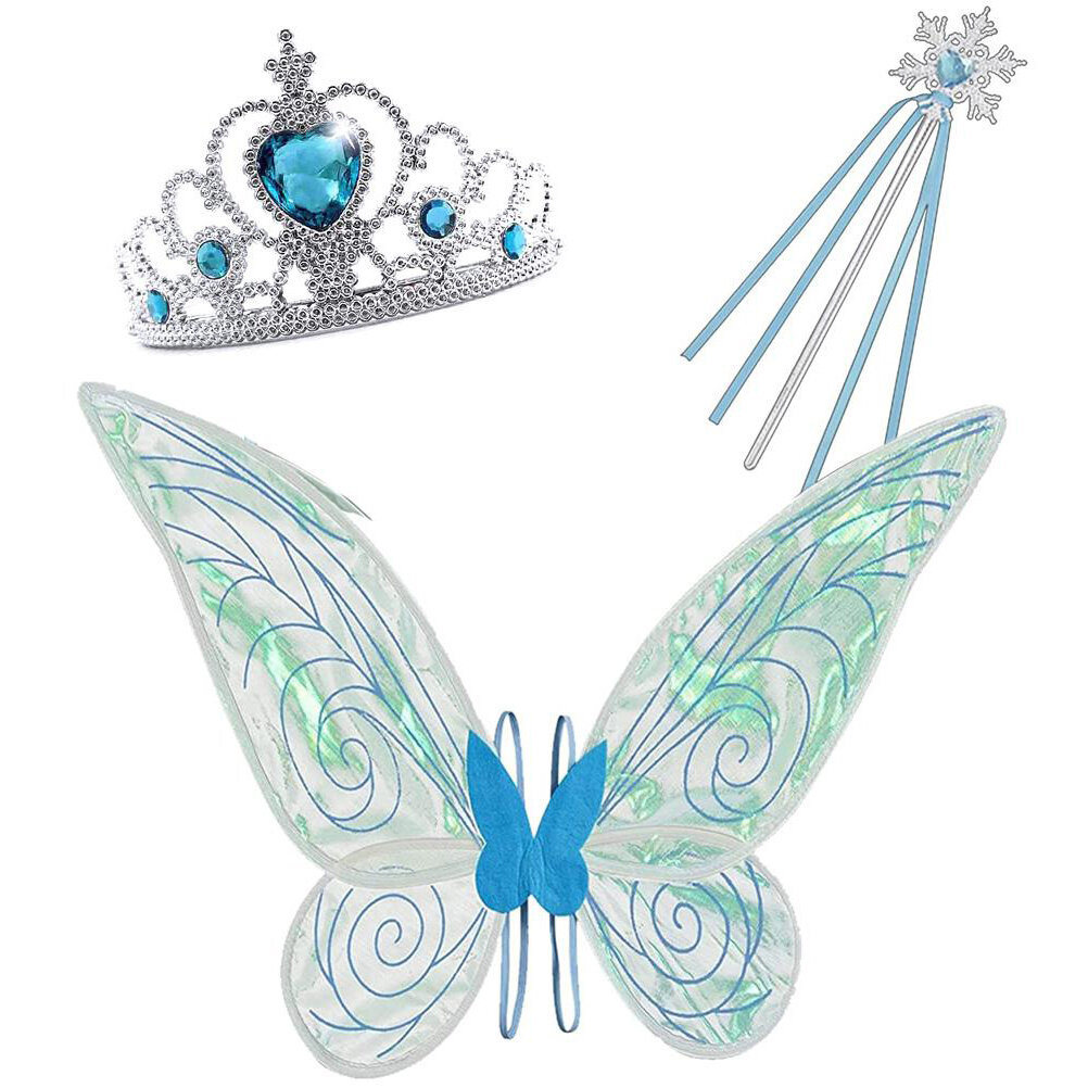 3 предмета: костюм принцессы феи с крыльями бабочки, корона, волшебная палочка для девочек на Хэллоу