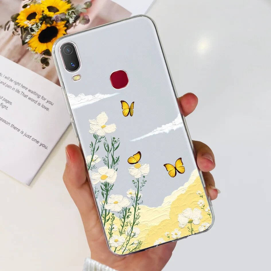 6,35 "для Vivo Y11 2019, противоударный силиконовый прозрачный чехол для телефона, мягкий бампер с цветком для Vivo 1906 Y11 2019 VIVOY11 Y11 Fundas Белый, case-c18, For Vivo Y11 2019