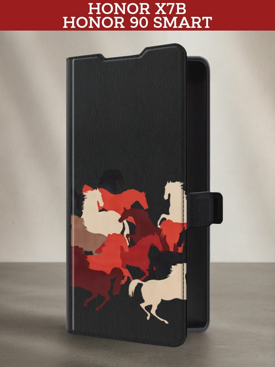 Чехол-книжка на Honor X7b/90 Smart / Хонор X7B/90 Смарт с рисунком Табун коней, черный