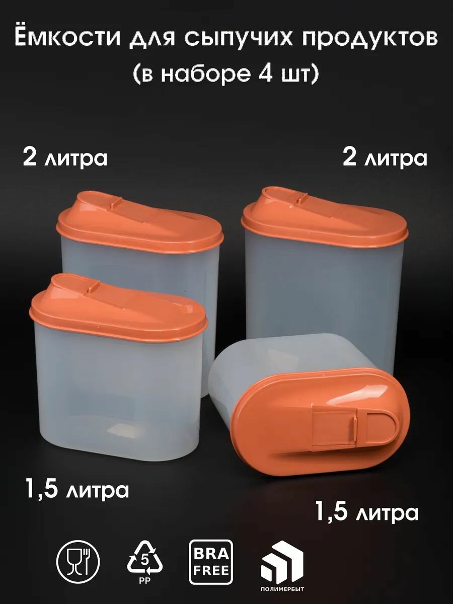 Банки для хранения сыпучих продуктов набор 1.5 и 2 литра (комплект из 4 шт)