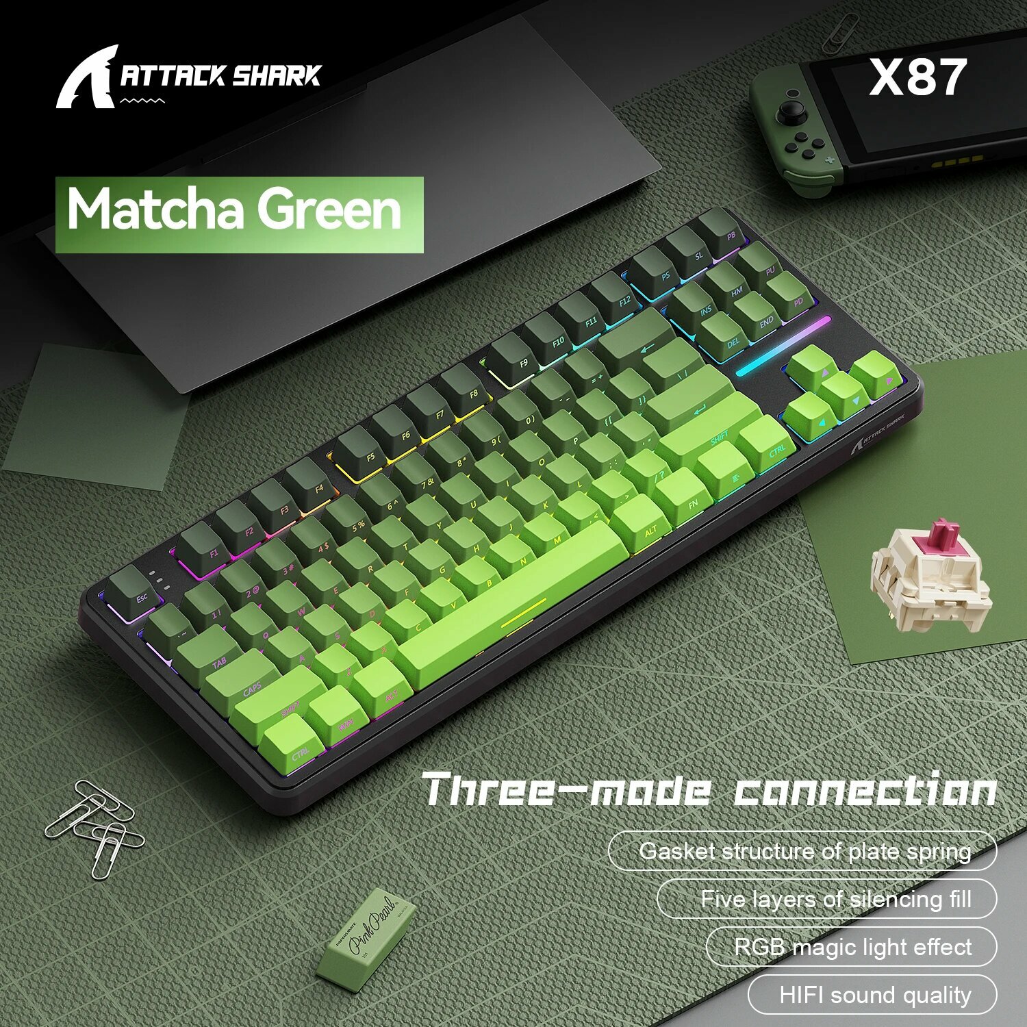 Игровая беспроводная механическая клавиатура X87 Attack Shark Matcha Green