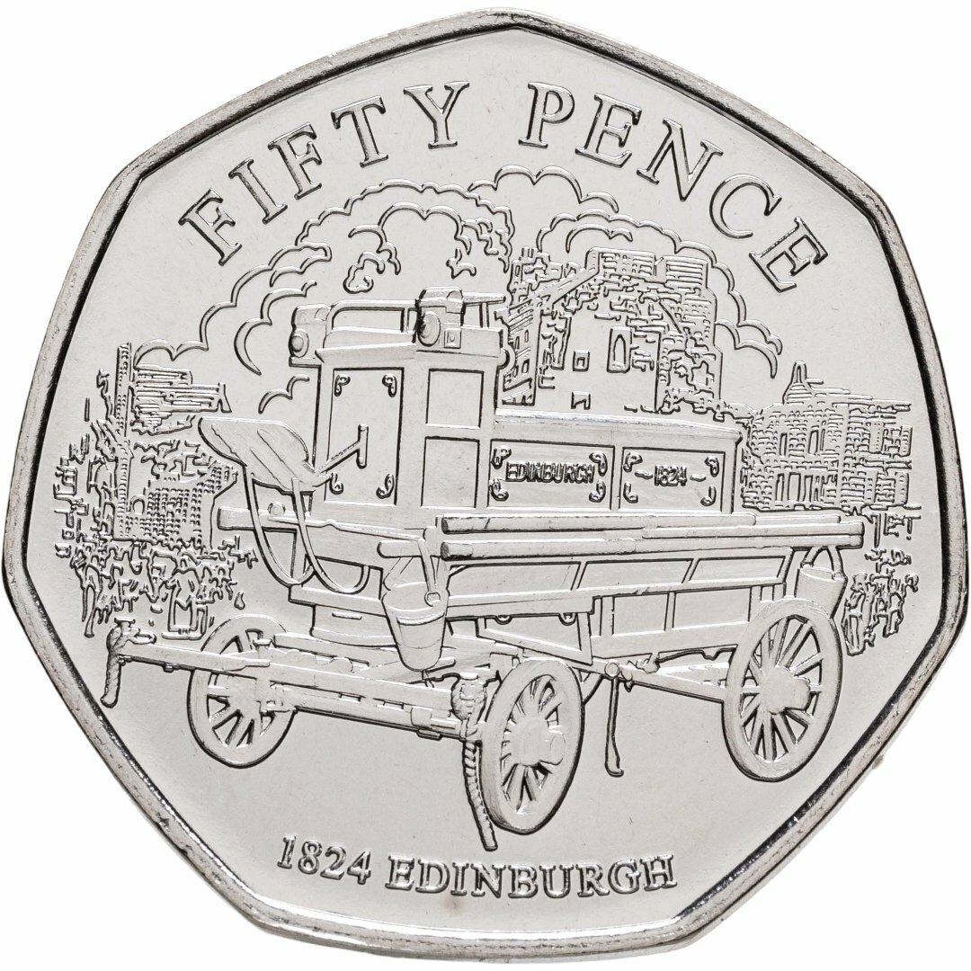 Джерси 50 пенсов pence 2024 "История Пожарных Бригад - 1824 Эдинбург", Мельхиор медь-никель, в сохранности BUNC