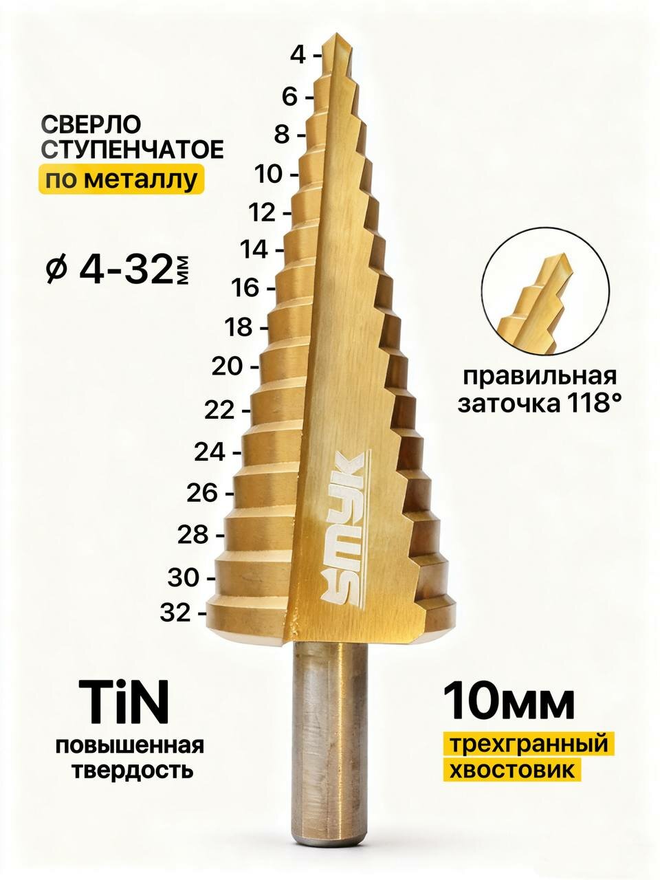 Сверло ступенчатое SMYK по металлу 4-32мм, качественая сталь, титановое покрытие
