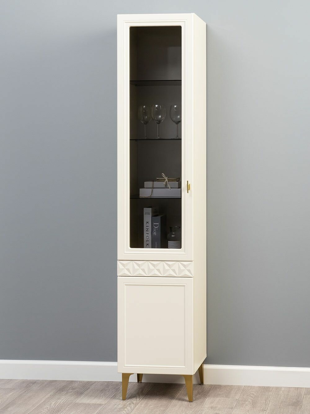 Шкаф-витрина Марион с полками, 40х36.9х200 см, Слоновая кость