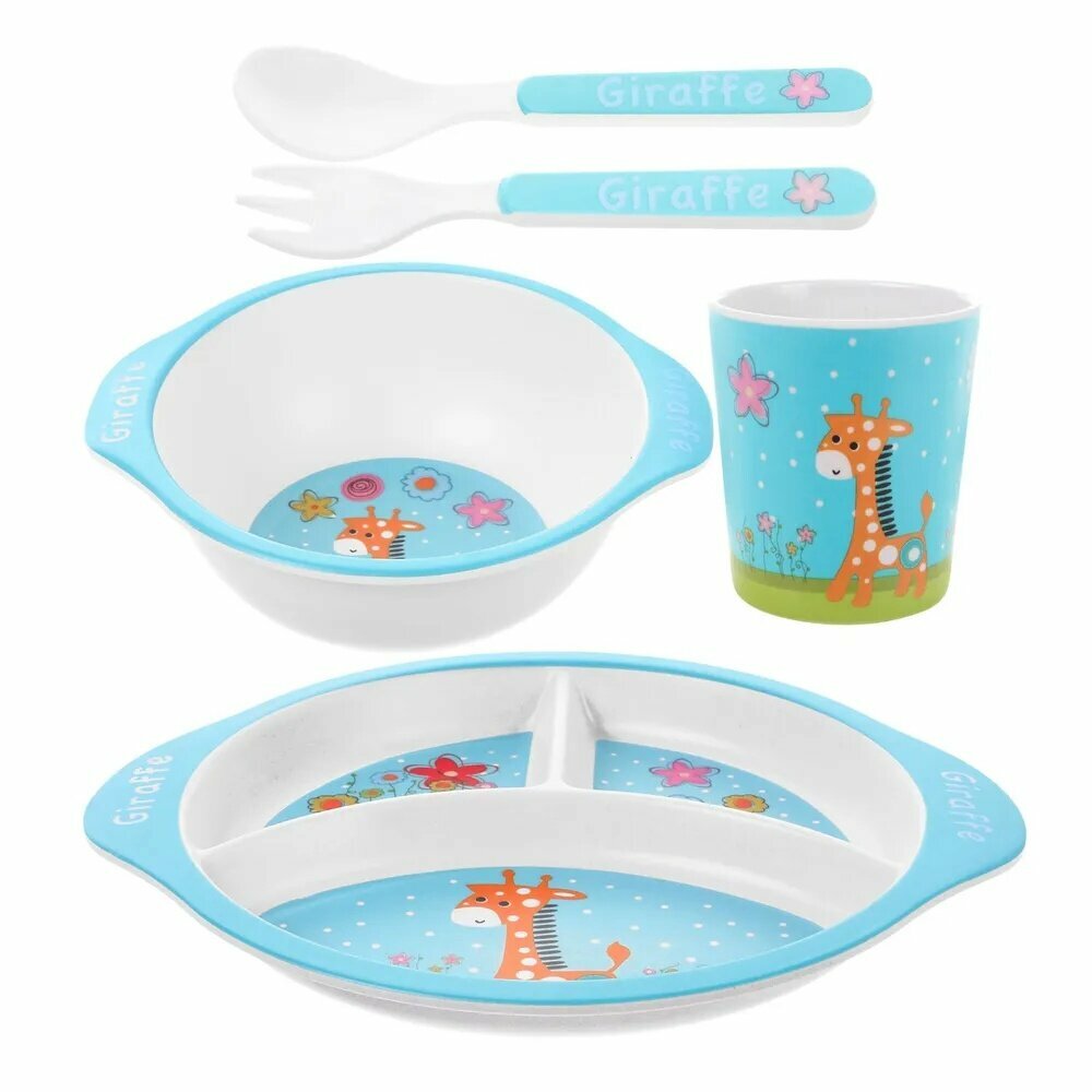 Набор Детской Посуды Из Бамбукового Волокна, Небесно-Голубой, С Подносом И Разделенными Секциями, 5 Штук