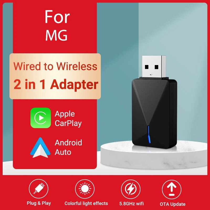 XUDA NEW Acodo Mini 2-в-1 беспроводной адаптер CarPlay и Android Auto для MG ZS EV, MULAN, MG4, MG5, EHS, MARVEL R, MAXUS