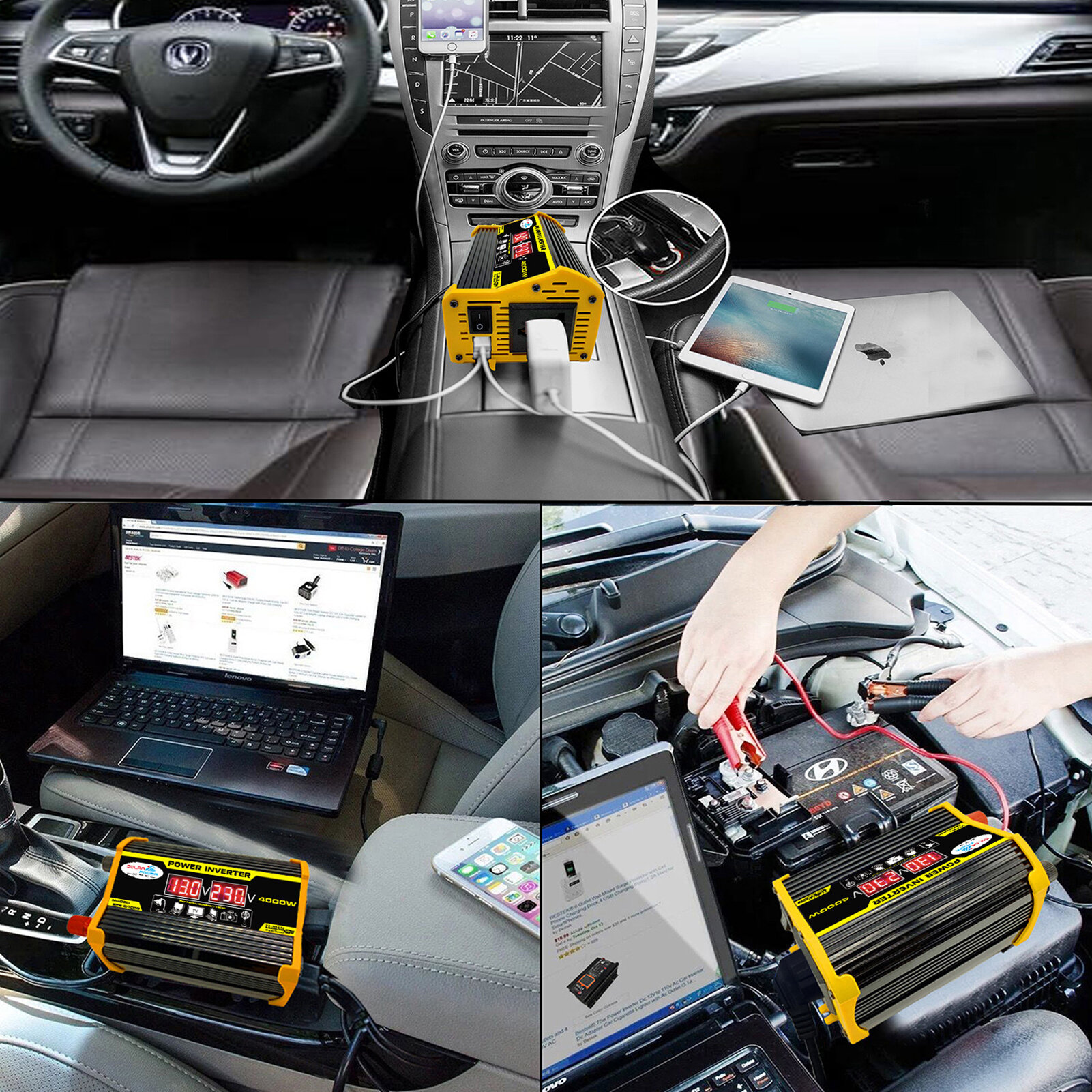 Модифицированный синусоидальный инвертор высокой частоты пиковой мощности 4000 Вт, инвертор постоянного тока 12 В в переменный ток 220 В, автомобильное зарядное устройство, инвертор с двумя портами USB 2,1 А, зажимы для аккумулятора, дисплей