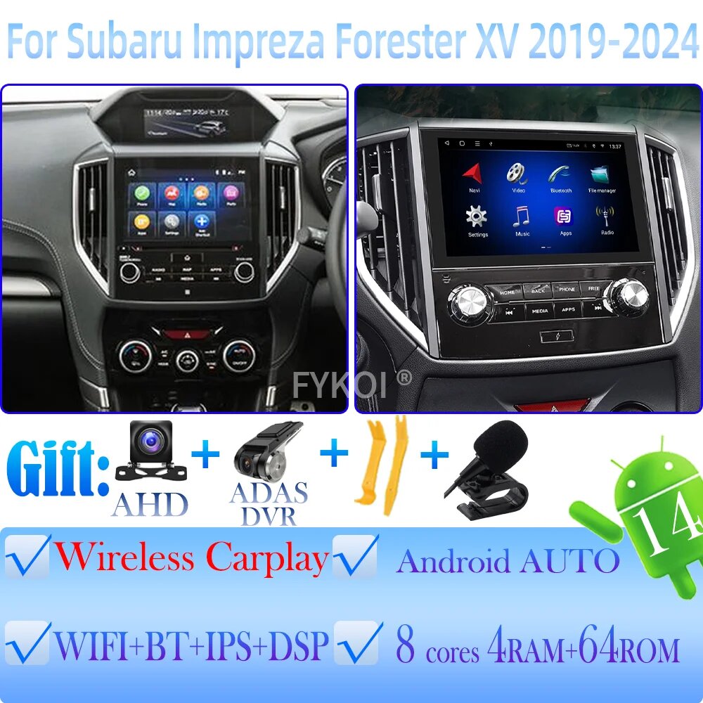 С портом зарядки Type-C Android 15, для Subaru Impreza Forester XV 2019-2024, 8Core 4G-64G DVR