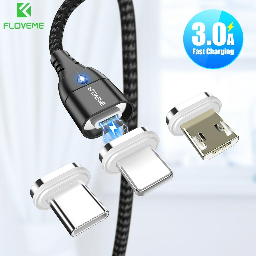 Магнитный кабель FLOVEME для кабеля Lightning Type C Micro USB 1M 2M для iPhone 14, зарядного устройства для телефонов A