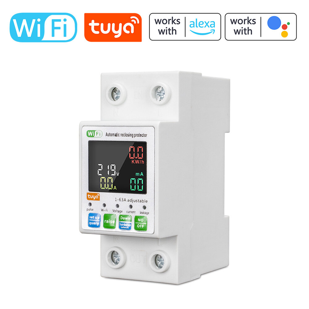 Tuya WiFi Intelligent Circuit Breaker Backlit Single-Phase Energy Meter Auto-Reclosing Protector with LCD Display Support APP Remote Control Over/Under Voltage Over-Current Leakage Protecting AC230V 63A 85*65*36mm 180g Plastics