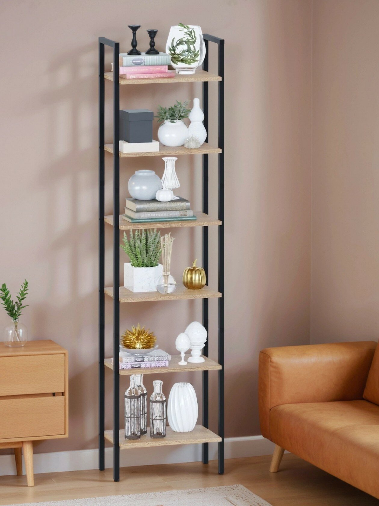 Стеллаж Роудж, прямой, открытый, 48.6х29.6х185 см, Дуб Сонома