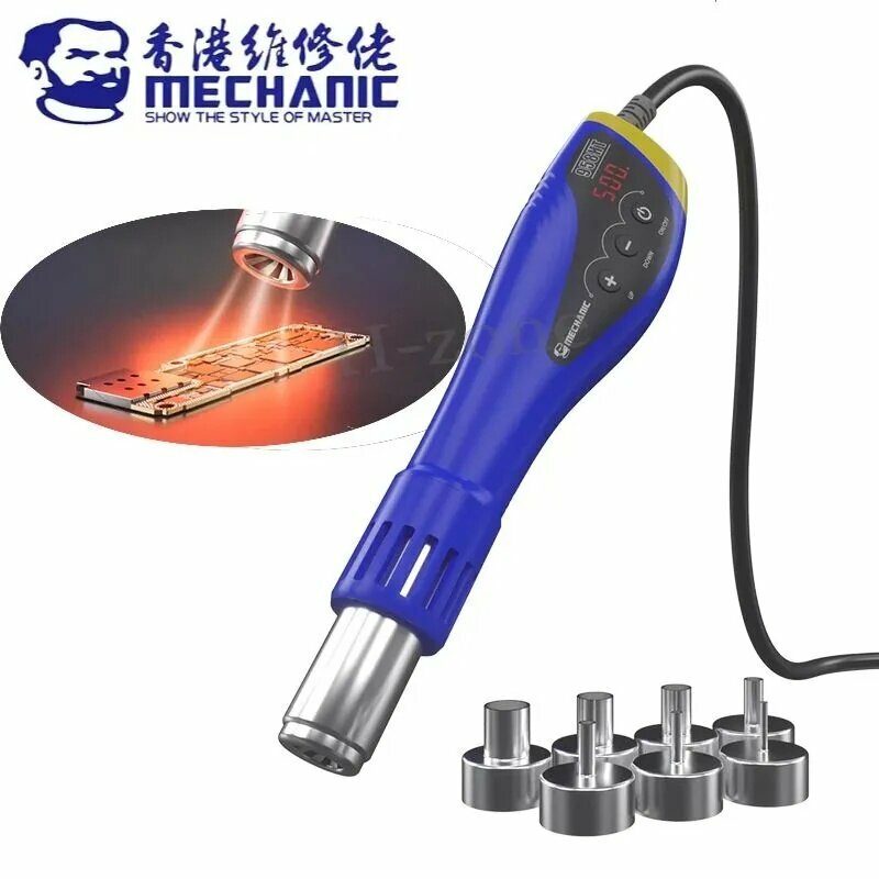 Фен паяльный Mechanic 958HT, керамический нагреватель, голубой, 600Вт