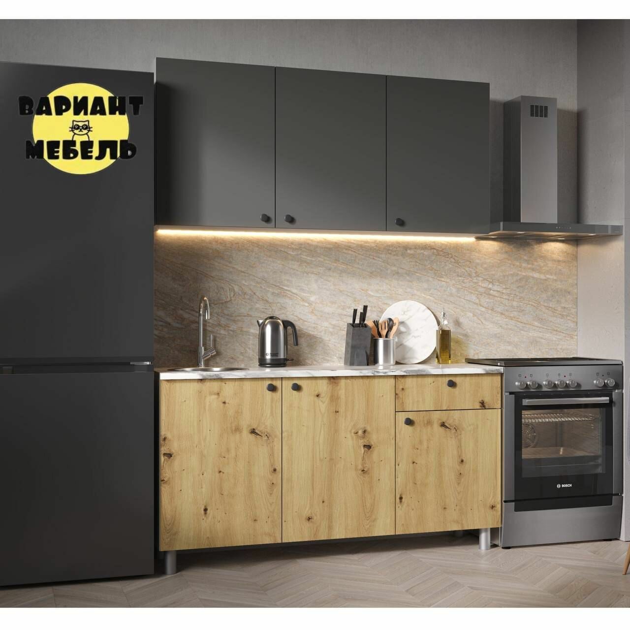 Кухонный гарнитур деми 150 столешница В комлекте Серый графит / Дуб артизан
