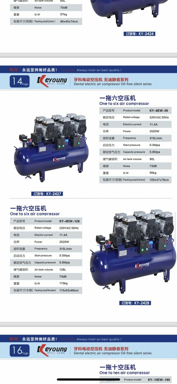 Компрессор воздушный безмасляный 6 цилиндров 220v 90l,128l