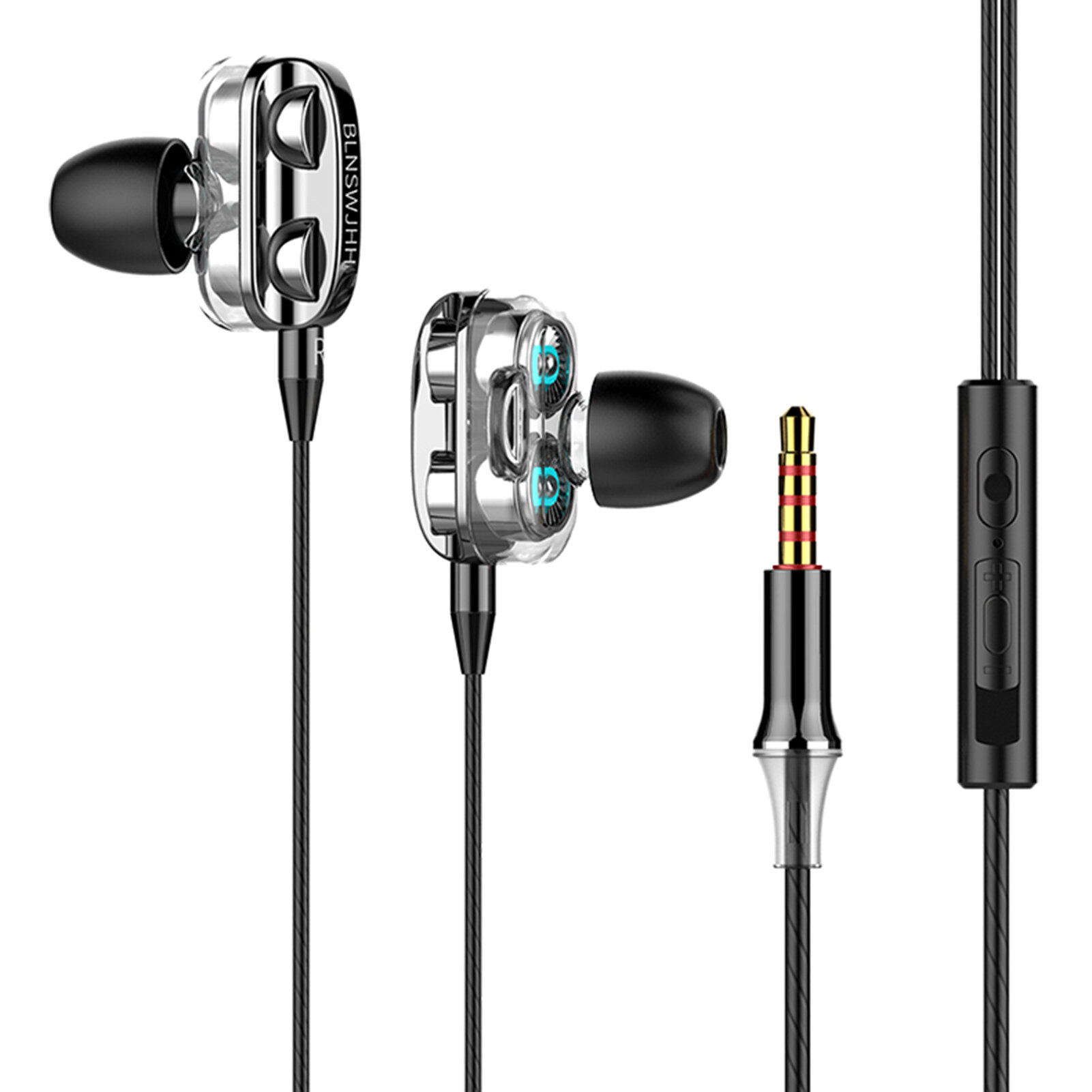 Наушники проводные A4 Dual Driver с разъемом 3.5mm, стерео, вкладыши, для спорта, водонепроницаемые, версия с четырьмя громкоговорителями, черный, материал пластик + TPE, тип наушников вкладыши, импеданс 32Ом, чувствительность 99дБ/мВт, диапазон частот