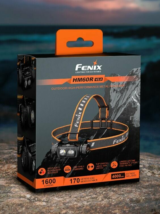 Фонарь Fenix HM60R V2.0 ближний, дальний свет и красный свет, аккумуляторный, Type-C, 1600 люмен
