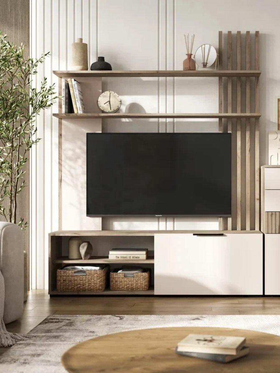 Гостиная Регина центральная секция 1400х1810х350, Дуб крафт серый/Кашемир, МИФ