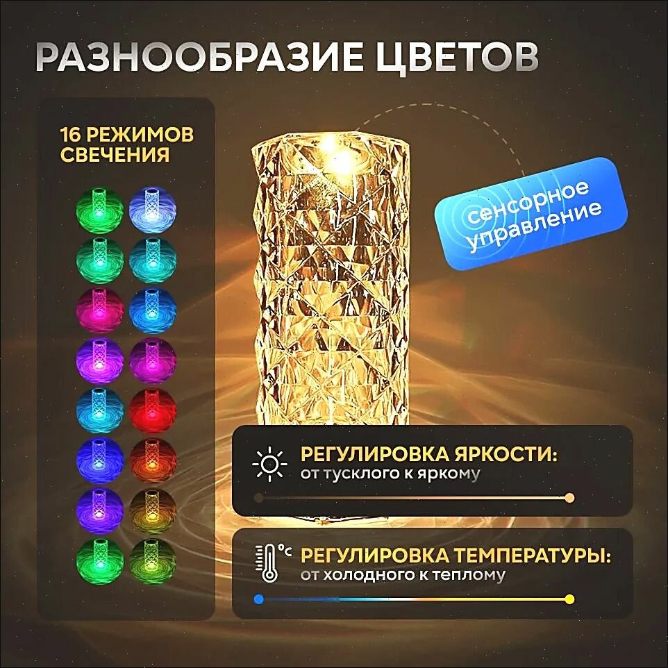 Ночник LED "Кристалл", сенсорный, пульт д/у, встроенный аккумулятор, USB-кабель — фото 1