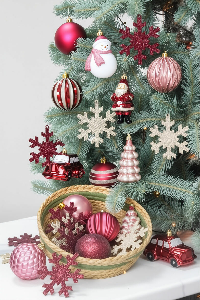 Набор пластиковых ёлочных шаров и игрушек новый ГОД примчался! (розовый бархат с бордовым и перламутровым), 8-11 см, 25 шт, Winter Deco 029110/2000302