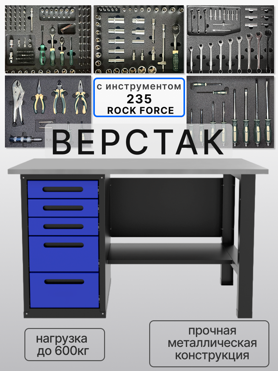 Верстак с набором инструментов Rock Force 235 предметов в Мягких ложементах, синий