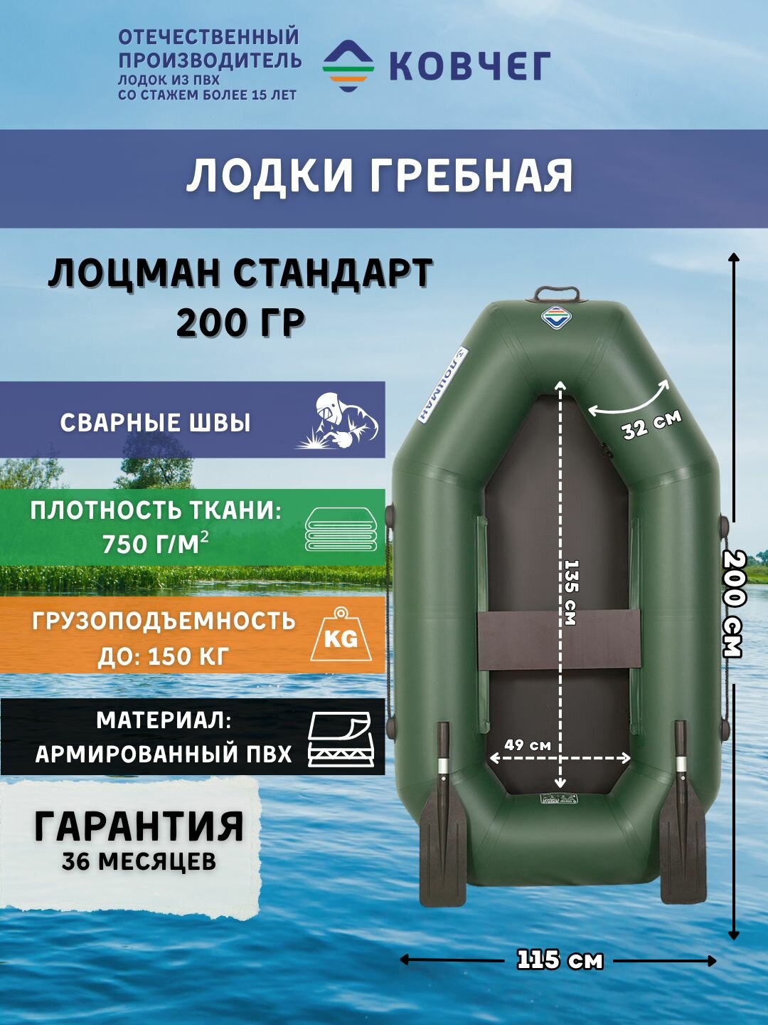 Лодка ПВХ гребная для рыбалки Лоцман Стандарт 200 ГР (зеленый)
