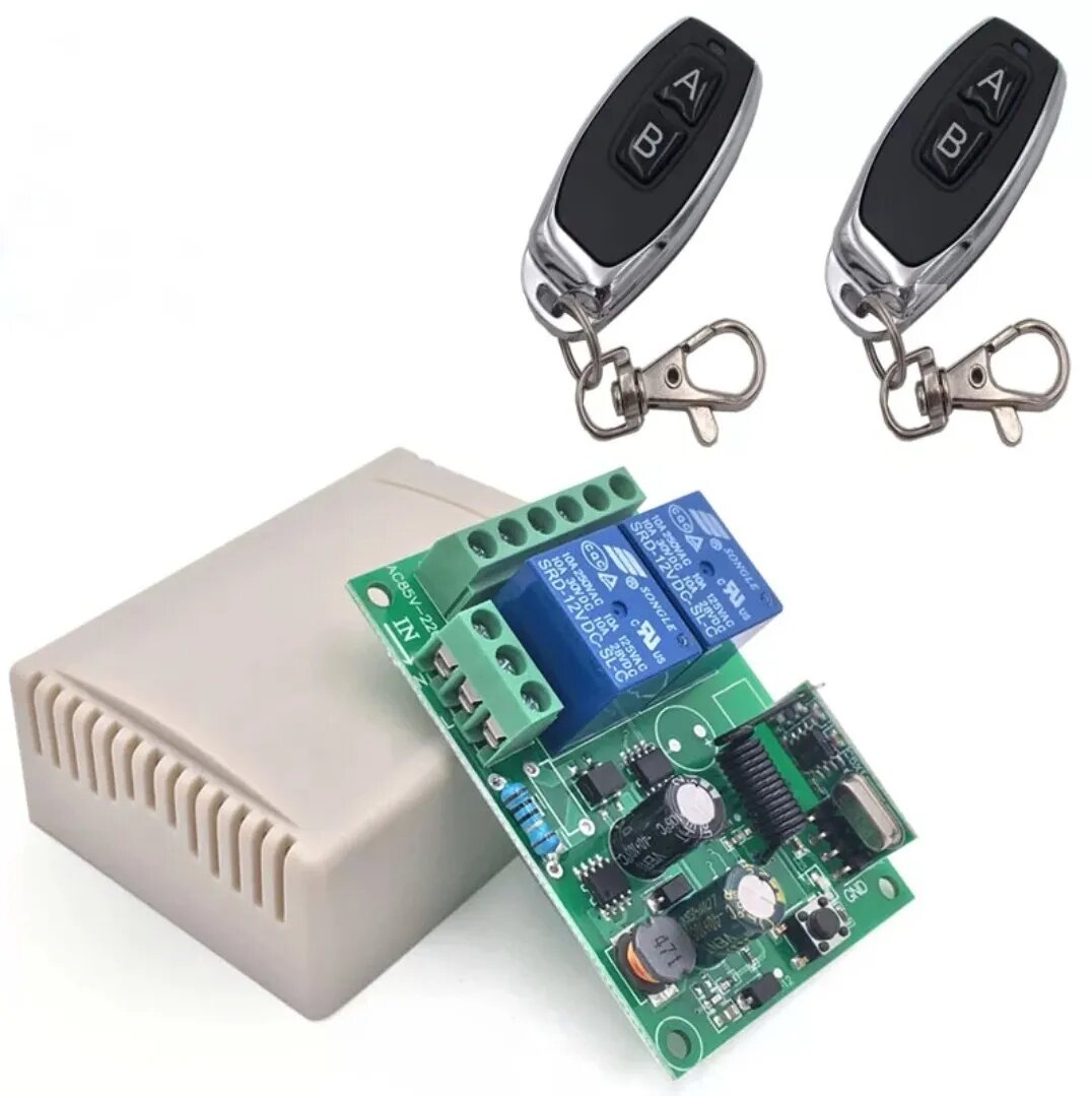 Двух канальное радиоуправляемое реле 220В 10А 433МГц. Радиореле для ворот, шлагбаумов. Дистанционный выключатель. Беспроводной переключатель. + два пульта