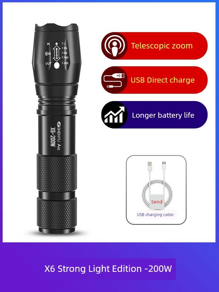 Shenyu X5 Мини-фонарь с подзарядкой LED 200 Вт, регулируемый фокус, компактный для походов и кемпинга