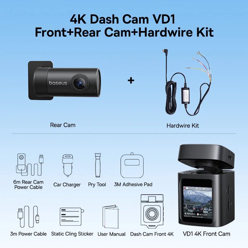Видеорегистратор Baseus 4K VD1 Pro Передняя и задняя автомобильная камера UHD для датчика SONY Суперкондентическая камера ночного видения WiFi6 DVR Видеорегистратор