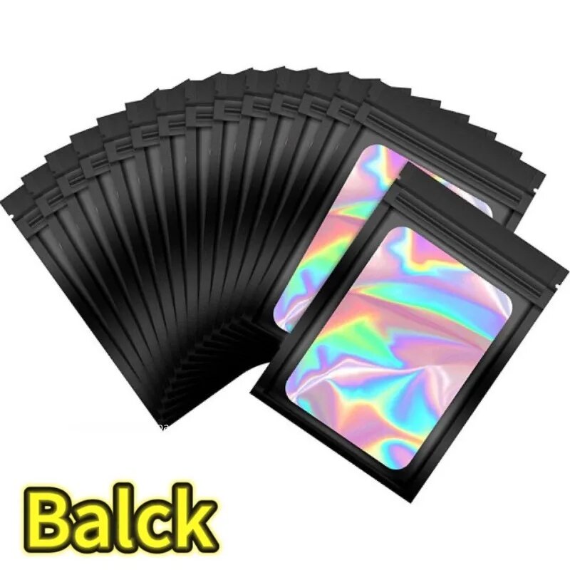 Черные пакеты на молнии 9x12см, 50шт, голографические