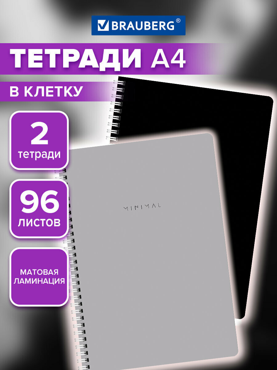 Тетрадь А4 в клетку 96 листов на пружине общая, набор 2 штуки, матовая обложка, Brauberg Minimal Classic, 404878