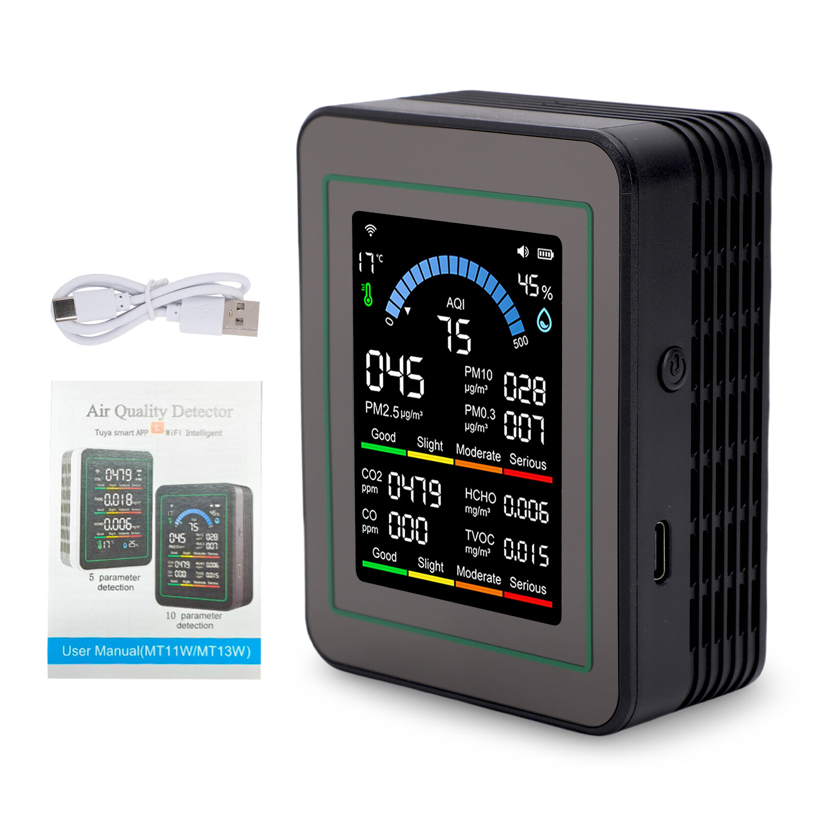 10-в-1 монитор качества воздуха MT13W Black WiFi, датчик PM0.3/PM2.5/PM10/CO/CO2/HCHO/TVOC/влажности/темп, цветной ЖК-экран, для умного дома