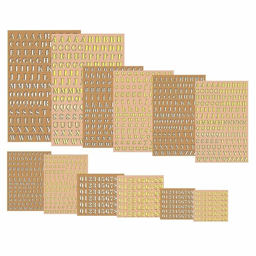 Наклейки из смолы с буквами, 12 листов, маленькие наклейки с буквенными цифрами, сплав, самоклеящиеся, золото и серебро, высота 3 мм / 4,5 мм