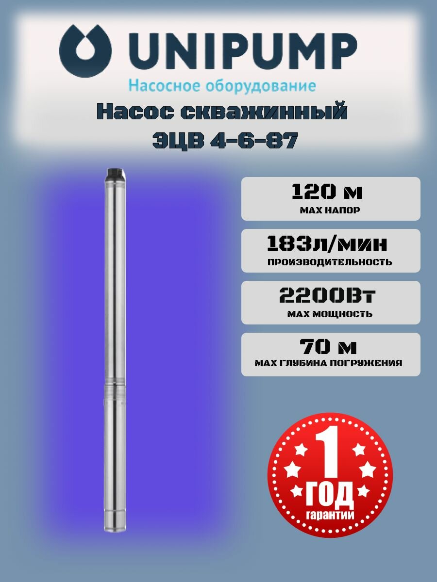 Насос скважинный UNIPUMP ЭЦВ 4-6-87 2.2 кВт 183 л/мин 120 метров для скважин 112мм