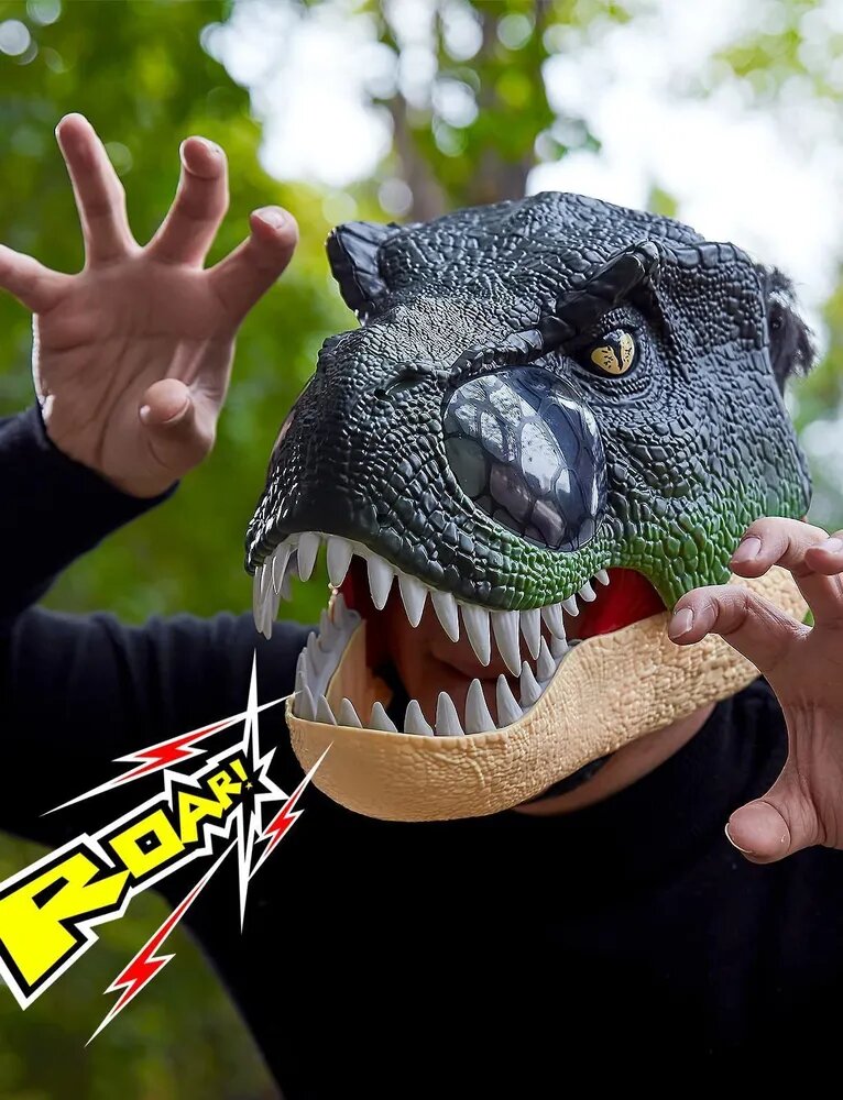 Маска раптора пластиковая с подвижной челюстью / маска динозавра карнавальная на хэллоуин для детей и взрослых / звуковые и световые эффекты, Парк Юрского периода