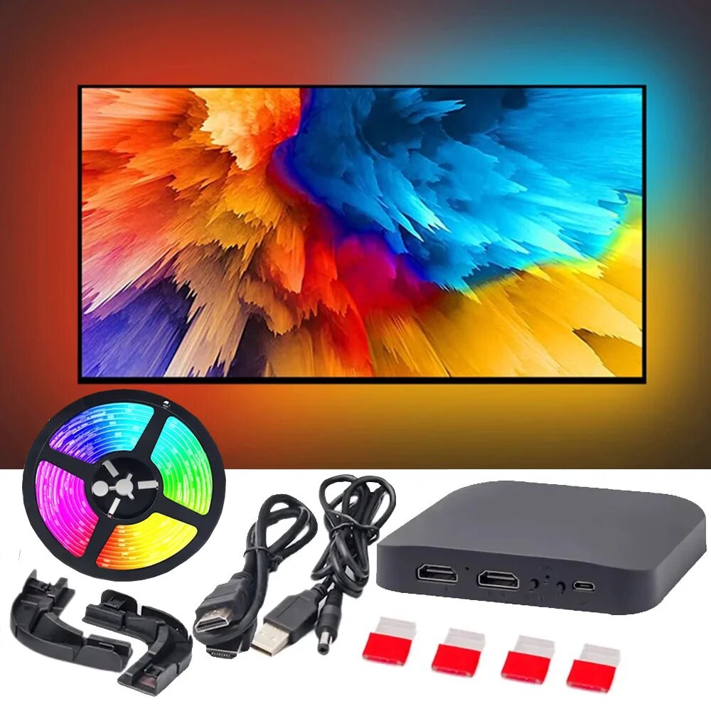 Smart Ambient TV Светодиодная подсветка 4K 1.4 2.0 HDMI Device Sync Box и WS2812B 5050 RGBIC Strip Light Kit для 24-65-дюймового ПК PS4 XBOX Button Version, HDMI2.0 27inch TV