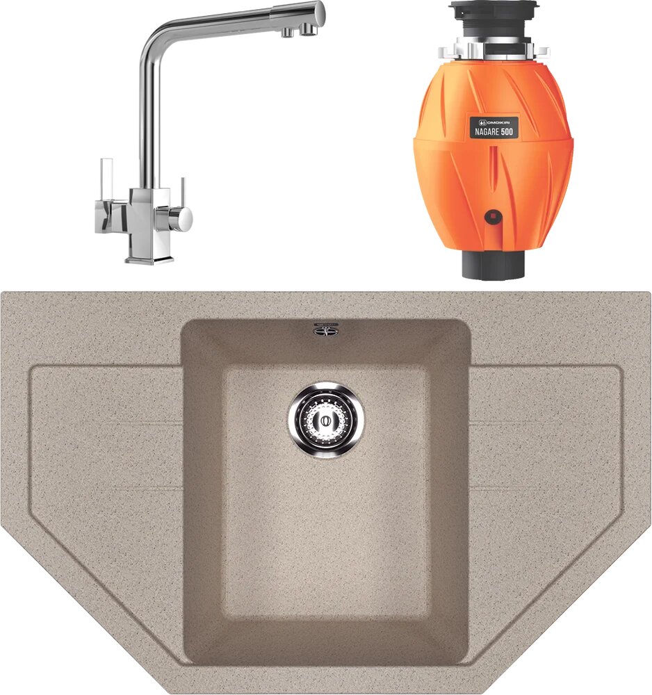 Комплект Мойка Ulgran U-609 -302, песочная / Смеситель MEGA Life MG-TK06, хром / Измельчитель Omoikiri Nagare 500